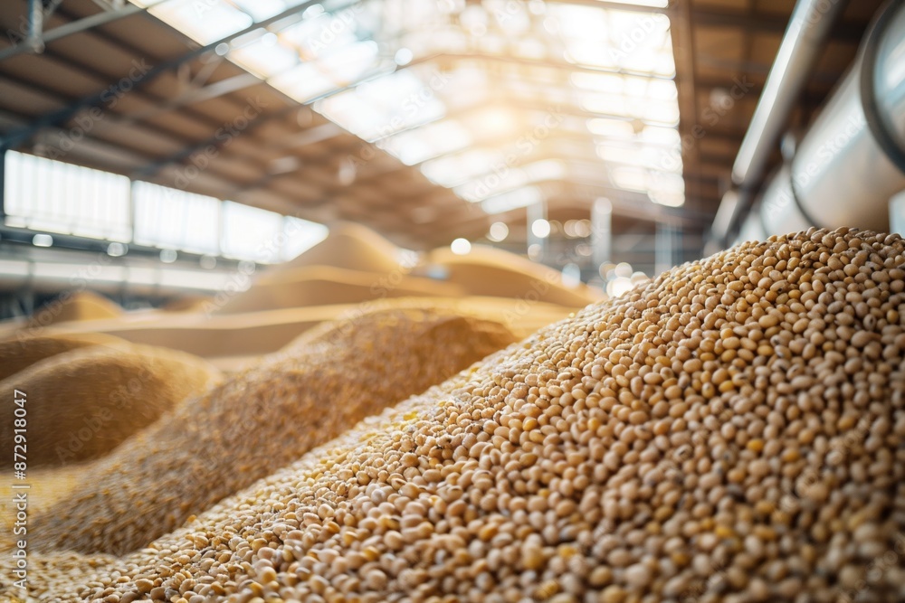 Large warehouse filled with grain piles. High stacks of dry beans and ...