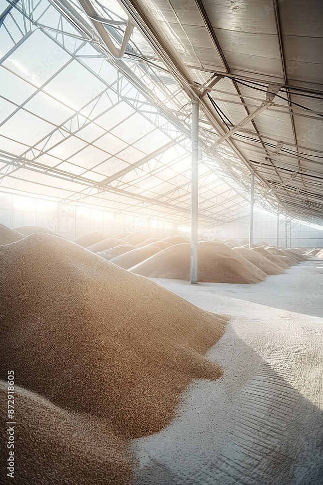Warehouse interior with high ceiling and metal beams. Hay bales stacked ...