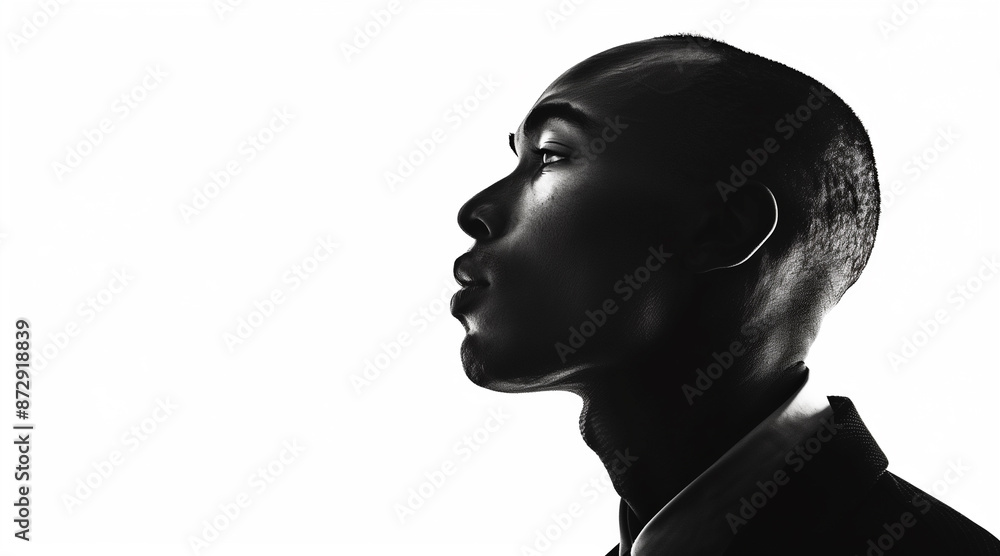 Black and white photo of side profile portrait of a man, seamless white ...