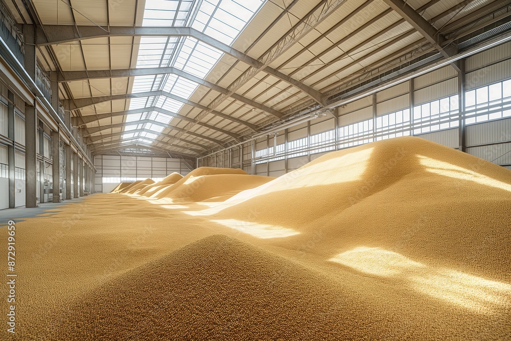 Large modern warehouse filled with golden barley grain stacks. High ...
