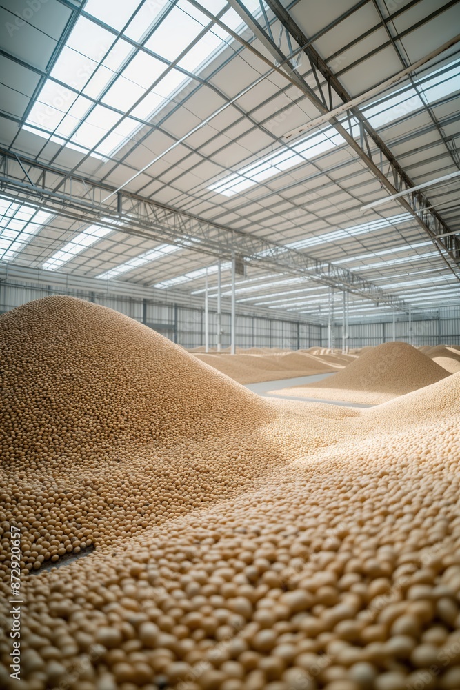 Large modern warehouse filled with soybeans. High ceiling, skylights ...