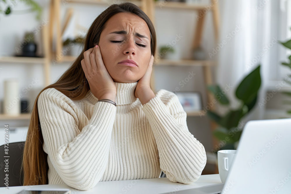 Tinnitus concept, sick young woman, girl with earache or ear pain ...