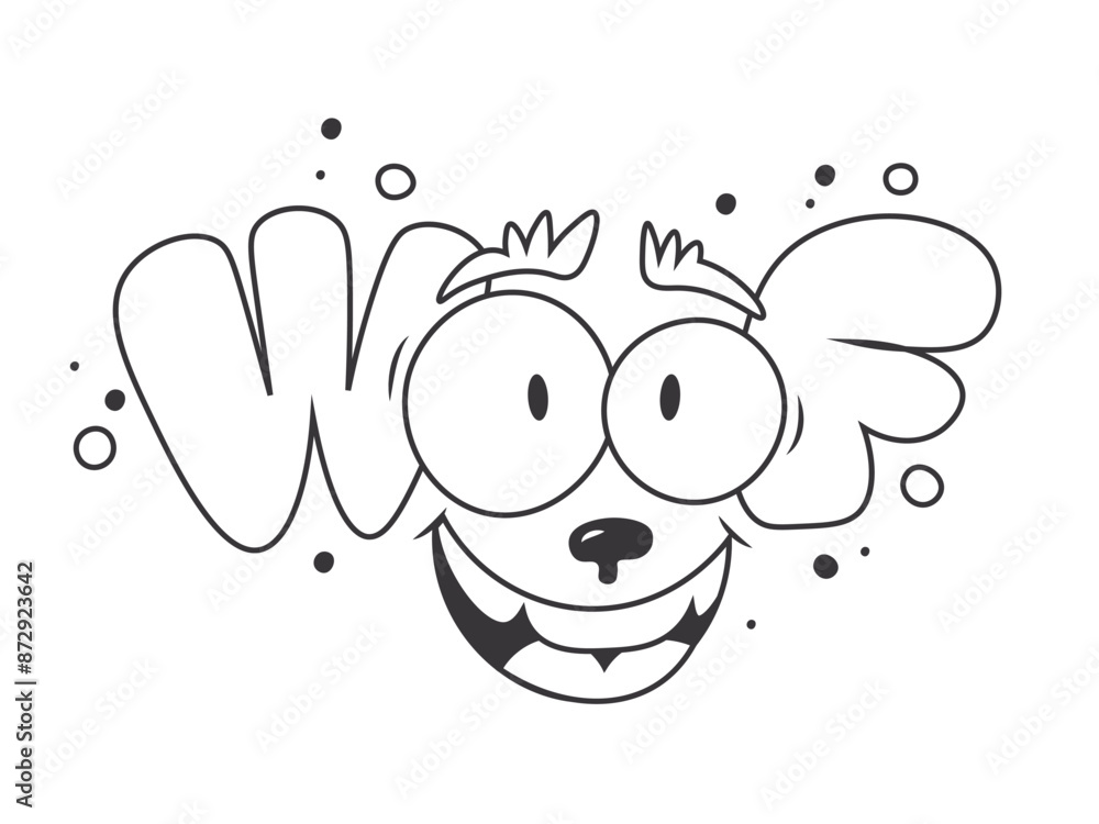 Woof. Cartoon Line art illustration with a dog's face. Stared eyes ...