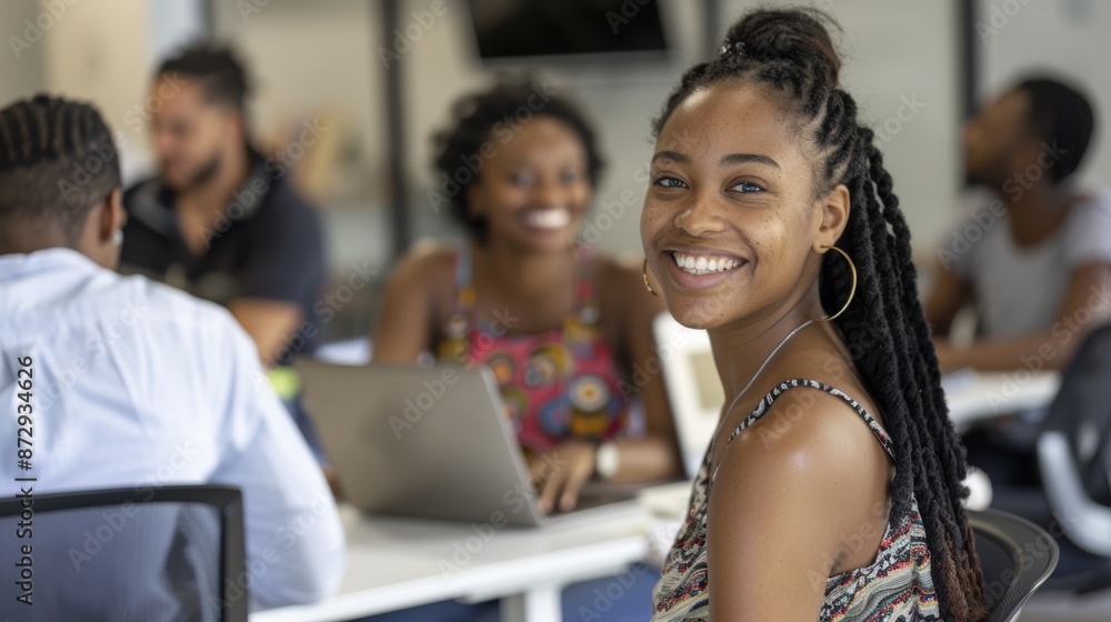 Meeting, teamwork, and black woman working and smiling at desk. Office ...