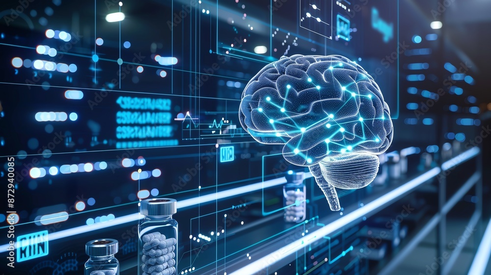 Visual representation of AI algorithms in medicine, digital brain ...