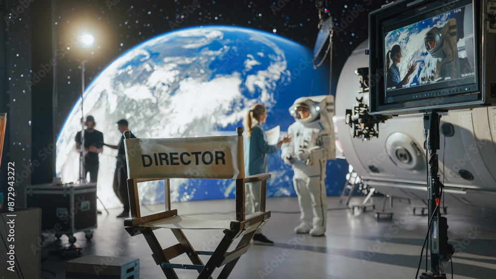 Directors Chair in foreground. Empowered Female Director Guides Diverse ...