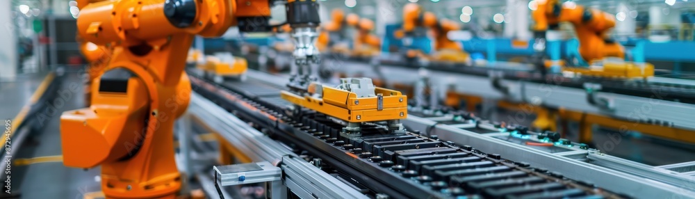 Automated robotic arm on a conveyor belt in a modern factory assembly ...