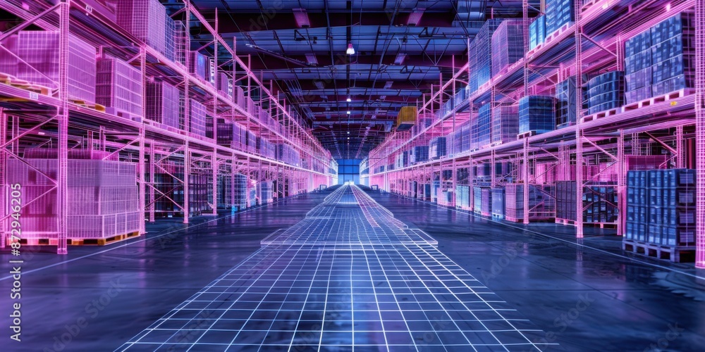 LiDAR scan of warehouse with robotic inventory management. 3D wireframe ...