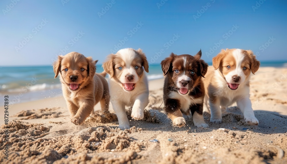 Group of puppies playing fetch on a sandy beach, clear blue sky, high ...