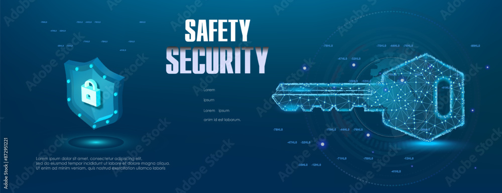 Safety and protection. Cyber banner with glowing transparent key and ...