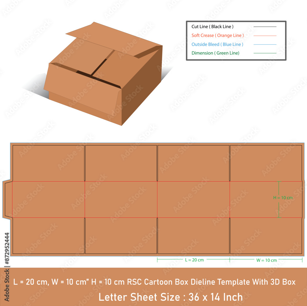 20x10x10 cm RSC Cartoon Box Dieline Template With 3D Box Stock Vector ...