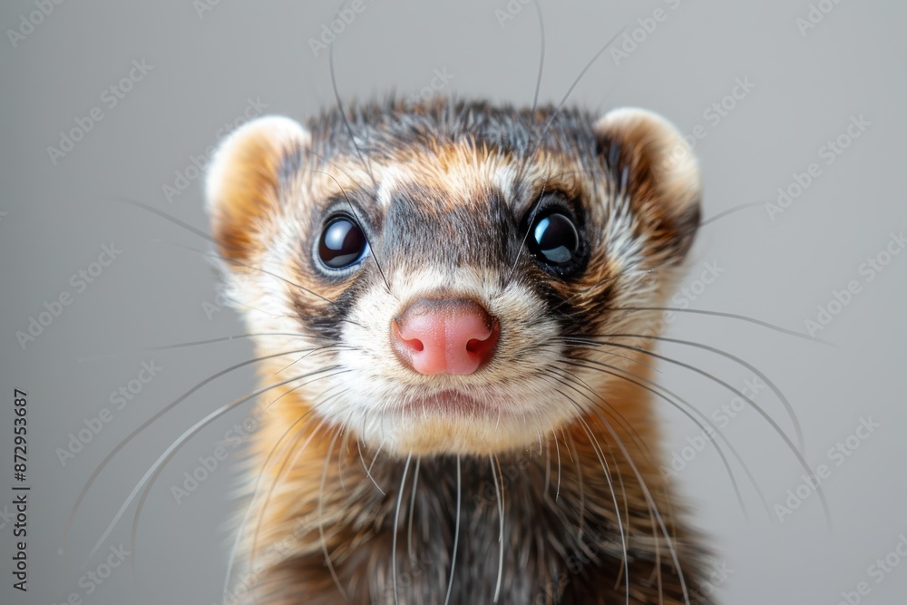 A close-up portrait of a curious ferret with bright, attentive eyes and ...