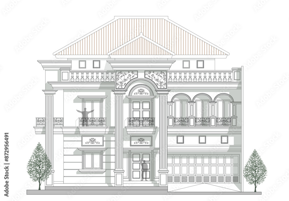 Vector asymmetrical facade design of two storeys classic house with ...