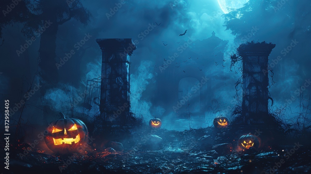Spooky Halloween night scene with jack-o'-lanterns, eerie glowing ...