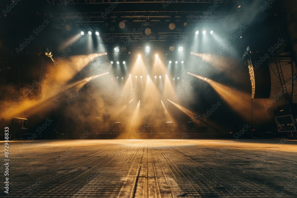 Empty concert stage with illuminated spotlights and smoke. Stage ...