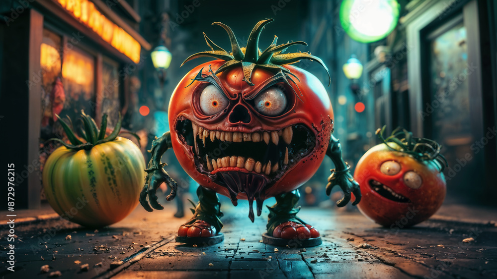 Zombie tomato monster with evil eyes and scary rotting teeth leads the ...