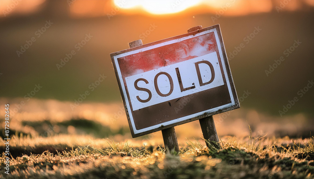 Sign with text SOLD on green lawn. Sold plot of land. Private property ...