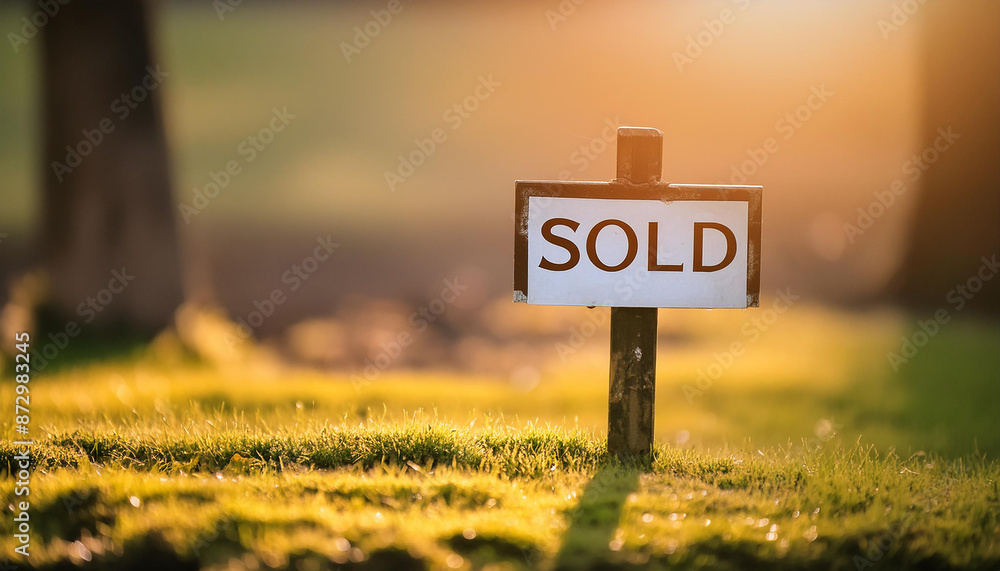 Sign with text SOLD on green lawn. Sold plot of land. Private property ...