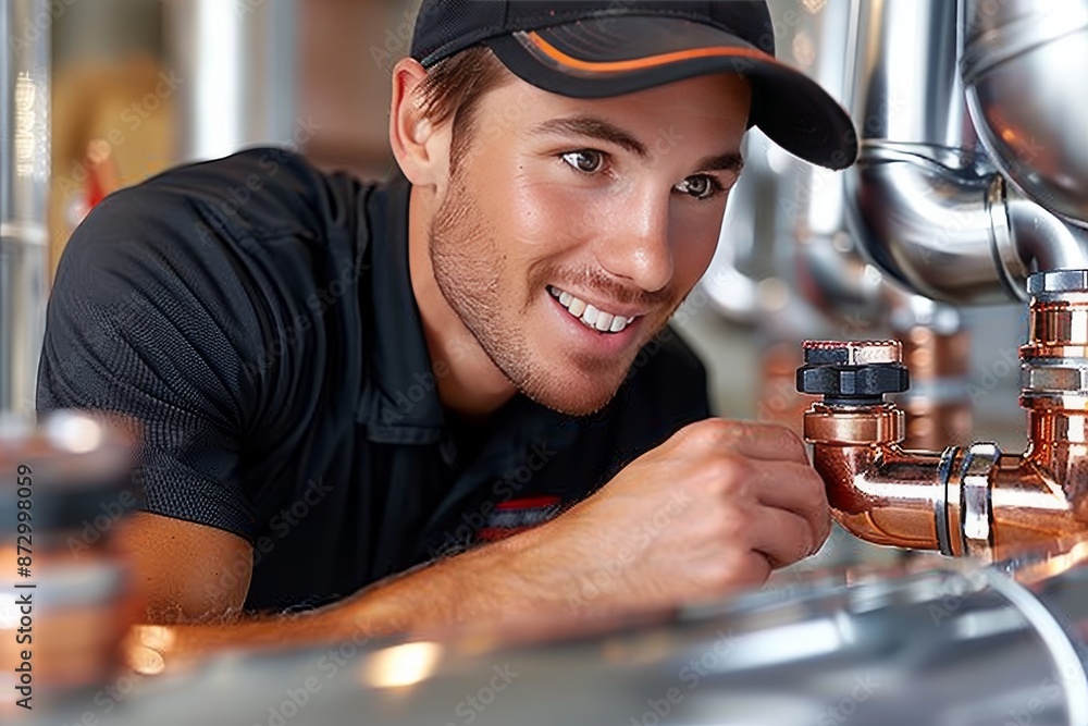 Happy Plumber Working On Copper Piping System In A Commercial Building ...