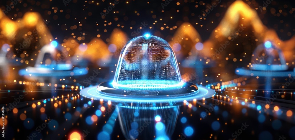 Futuristic abstract glowing domes with light trails and bokeh effect ...