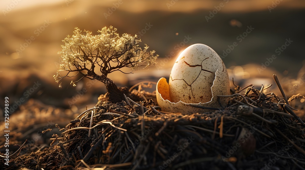 a cracked egg lying in a nest, transforming into a flourishing tree ...