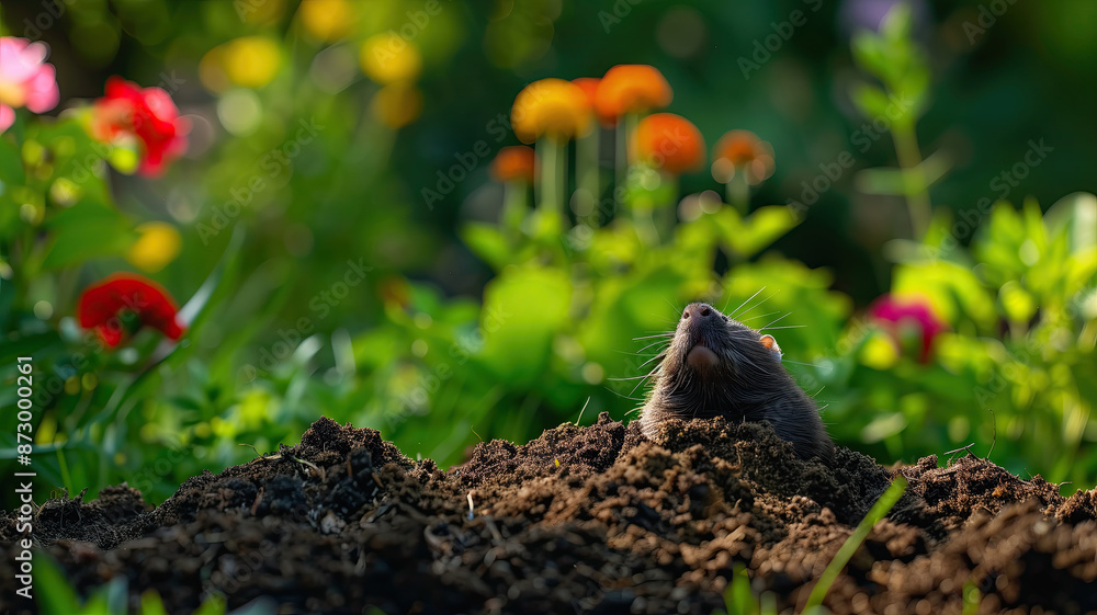 Mole sticking its head out of a molehill in a lush garden, are emerging ...