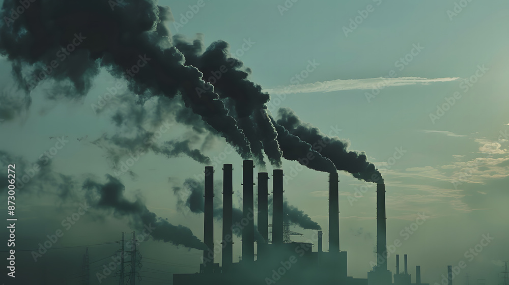 Industrial Impact Coal power plant with high pipes emitting black smoke ...