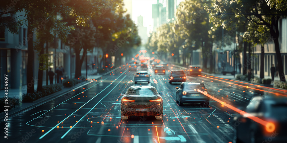 Holographic diagram shows the coordinates and driving speed of a car ...