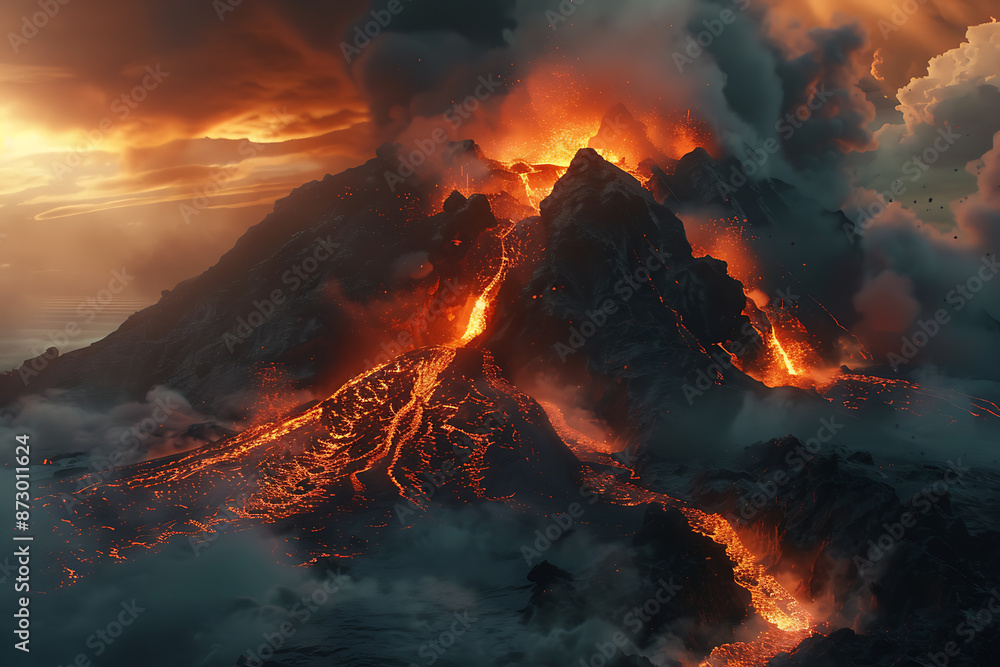 Cataclysmic volcanic eruptions releasing magma, ash, and gases ...