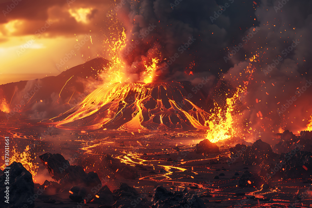 Cataclysmic volcanic eruptions releasing magma, ash, and gases ...