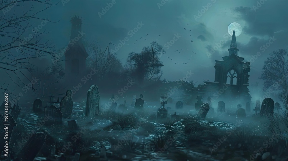 Dark, eerie graveyard with fog and moonlight creating a chilling ...
