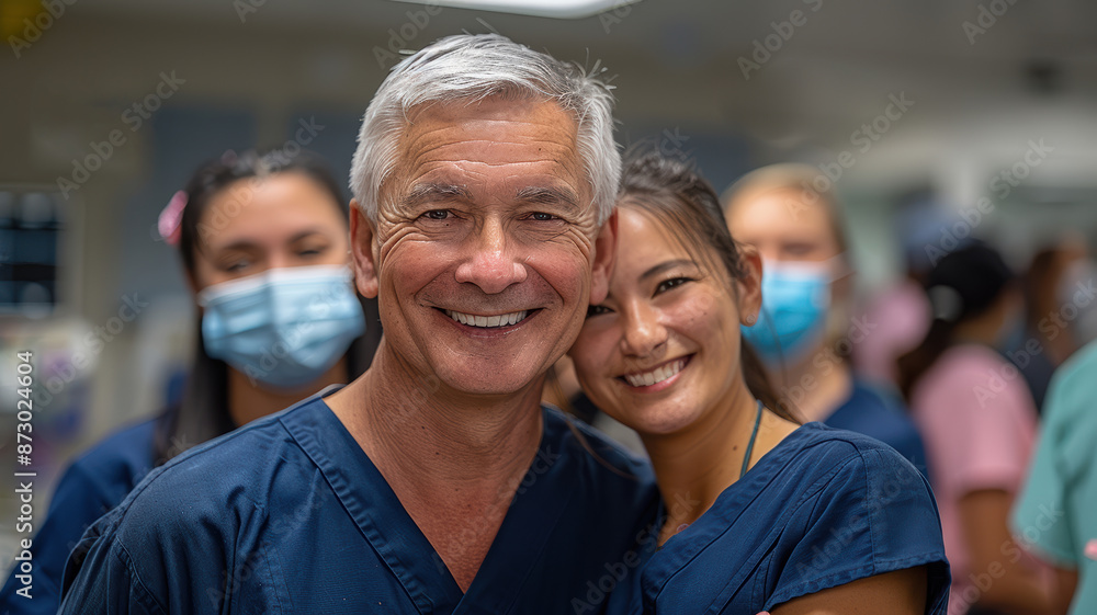 Happy clinic diverse team in medical professional uniforms Confident ...