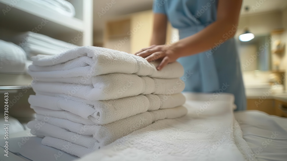 A person, clad in a uniform, is attentively folding and stacking clean ...