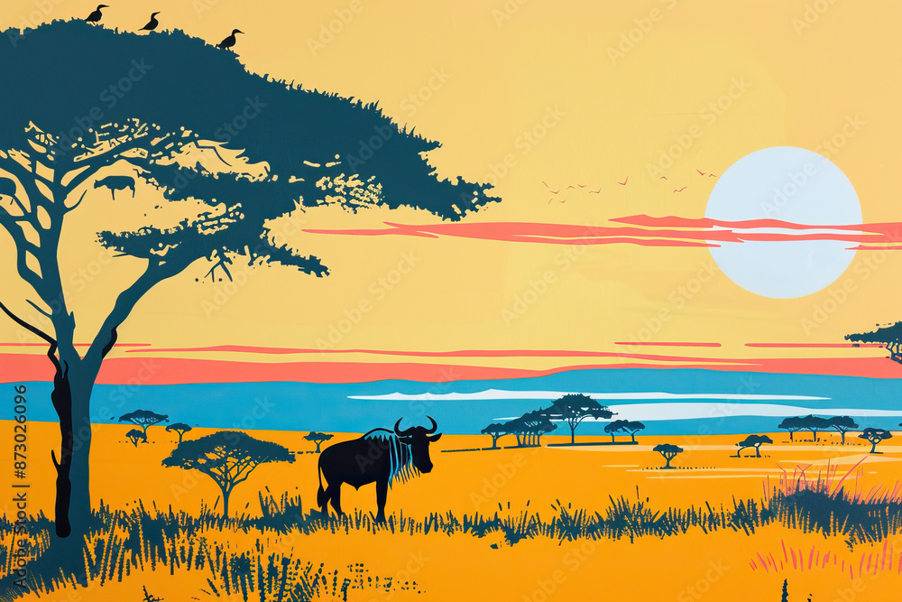 Risograph riso print travel poster, card, wallpaper banner illustration ...