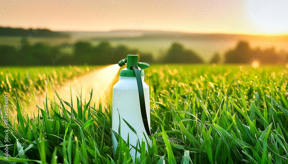 spraying pesticide with portable sprayer to eradicate garden weeds in ...