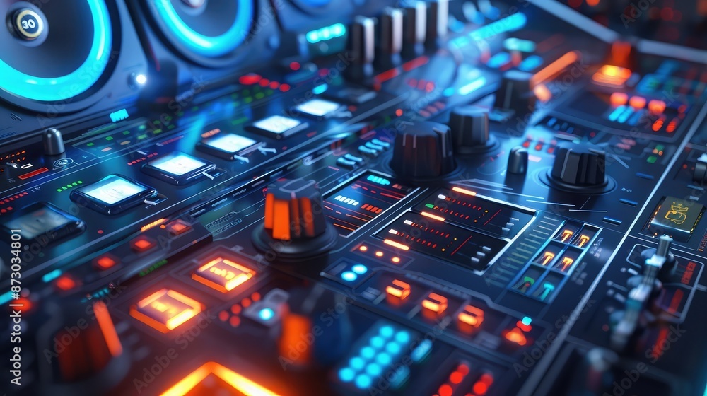 Illustrate a fresh vision of an audio control panel intertwined with ...
