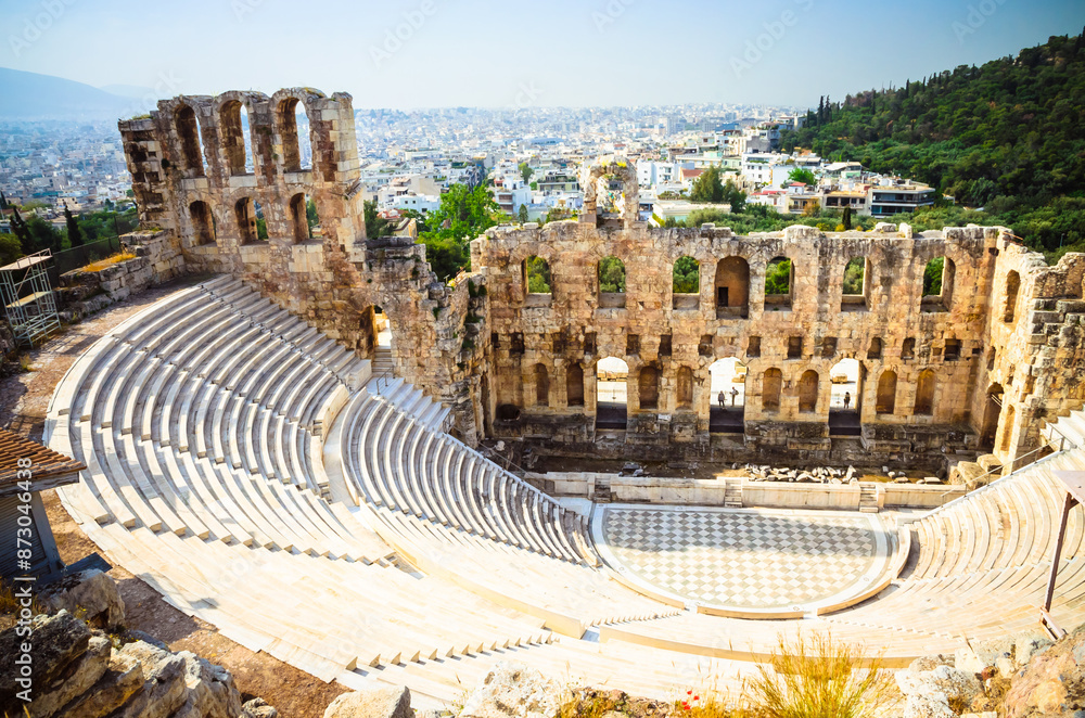 Panoramic view of Odeon of Herodes Atticus below the Acropolis, Athens ...