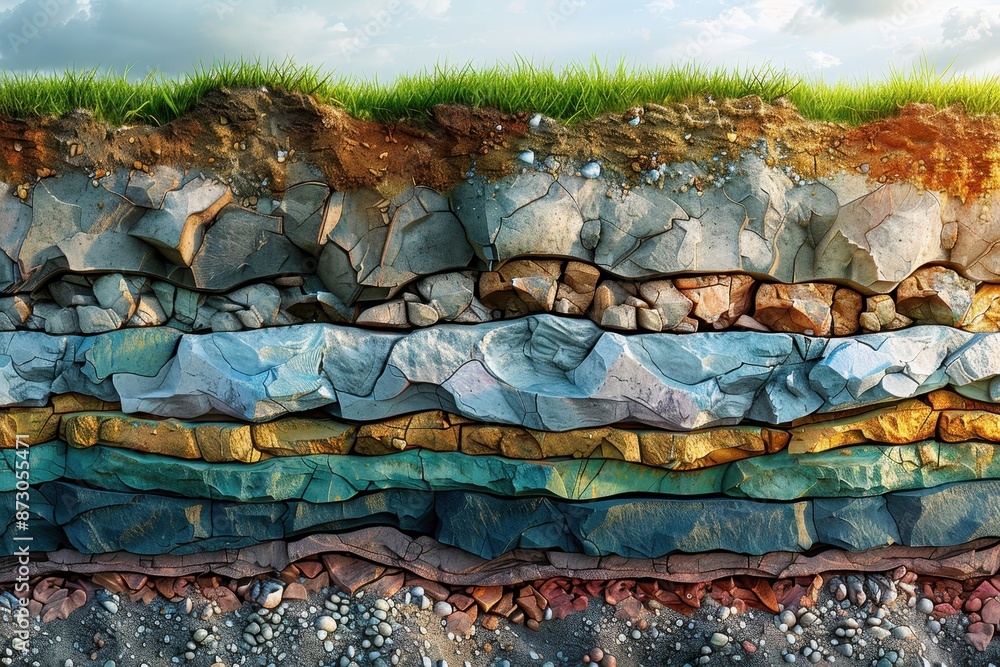 Cross-section of various geological layers beneath a grassy surface ...