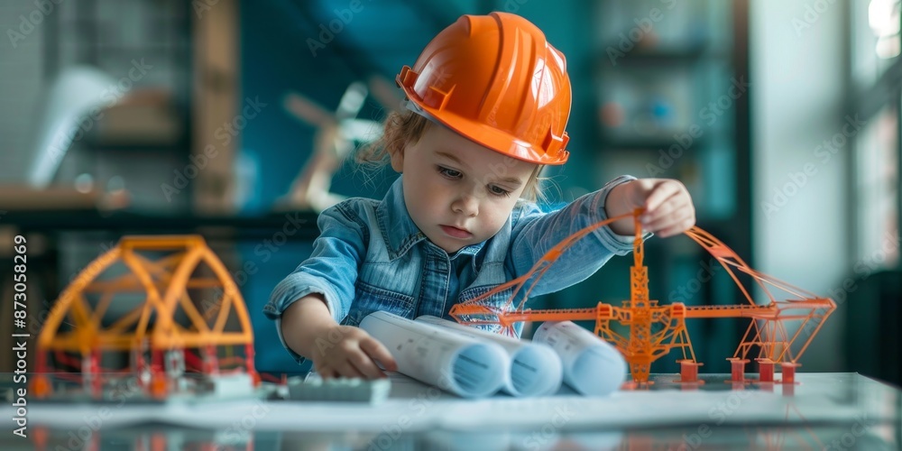 Charming little engineer with a hard hat and blueprints, constructing a ...