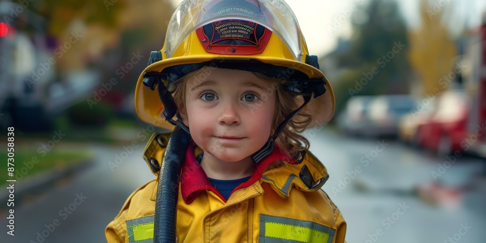 Small child dressed as a firefighter, complete with helmet and toy hose ...