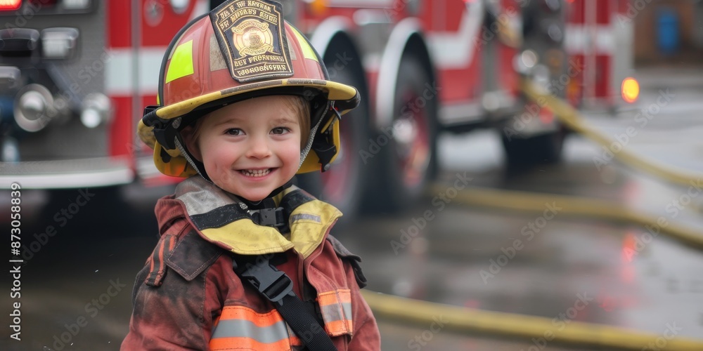 Small child dressed as a firefighter, complete with helmet and toy hose ...