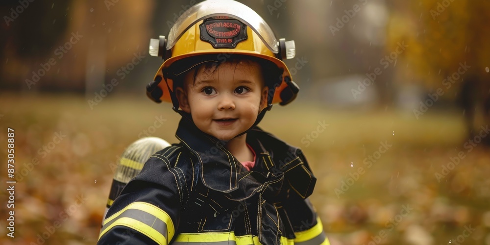 Small child dressed as a firefighter, complete with helmet and toy hose ...