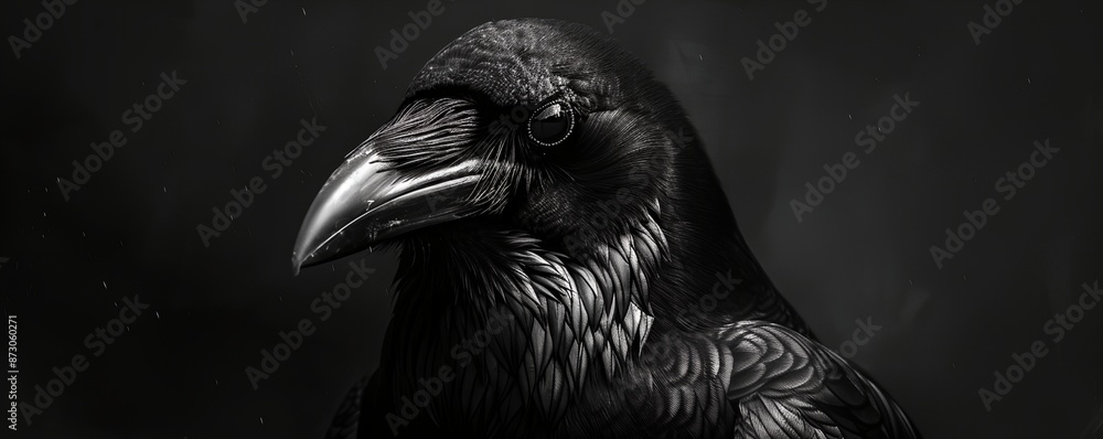 A black crow with its beak open and its eyes staring at the camera. The ...