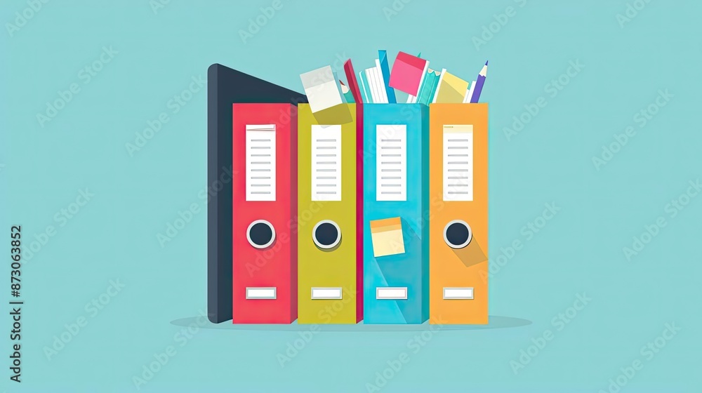 Colorful file folders in a row, with documents and office supplies, on ...