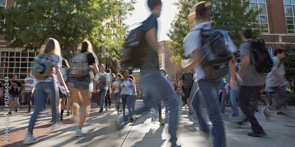 Students rushing to class across a bustling college campus, showcasing ...