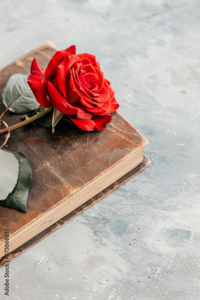Vintage Book with Vibrant Red Rose on Textured Surface. Book cover ...