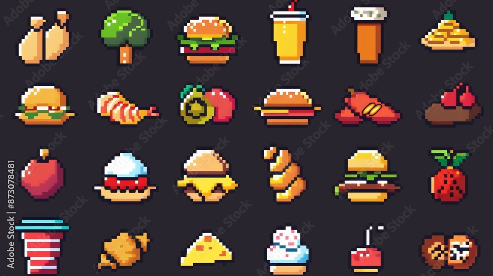 Food pixel art 80s style icons element design stickers, logo, menu ...