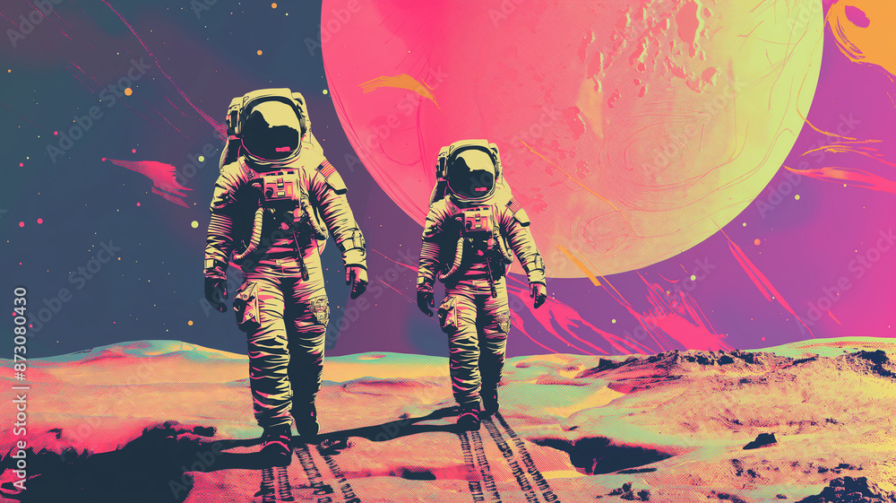 Pop art concept Two Astronauts in Space Suits Walking on New Planet ...