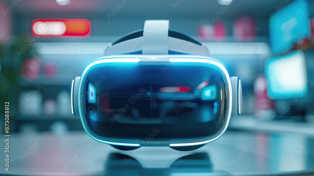 3D pharmacy environment in virtual reality headset, immersive ...