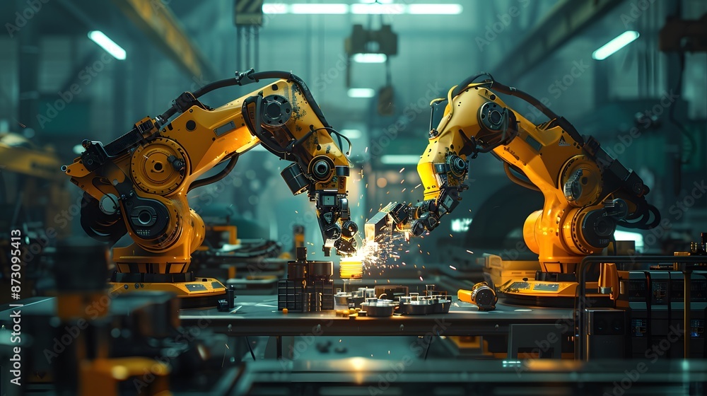A robotic workshop with two yellow robot arms welding metal parts on an electric beam ...